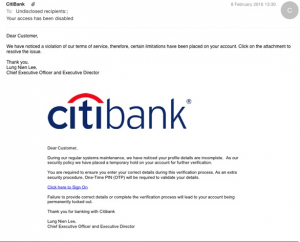 CitiBank virus -Scam e-posta virüs